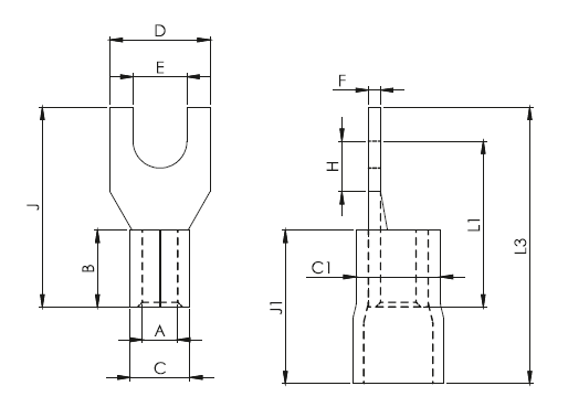 Fork Type Tinned Copper Cable Terminal Ends - HEX